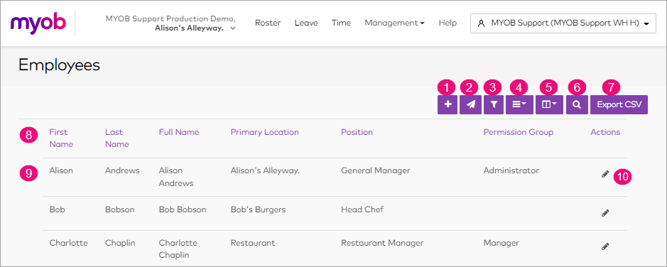 Form Reference - Employees List screen